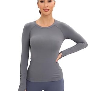 MathCat Workout Seamless Shirts for Women Long-Sleeved Yoga Running Breathable Thumb Holes Tops Grey