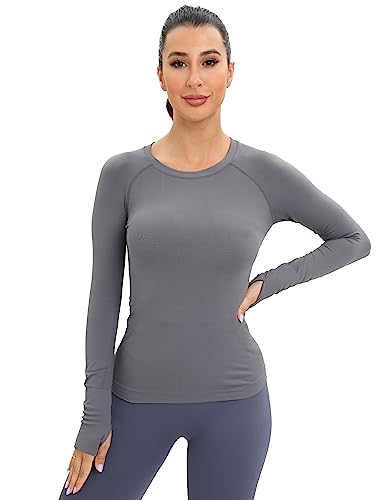 MathCat Workout Seamless Shirts for Women Long-Sleeved Yoga Running Breathable Thumb Holes Tops Grey