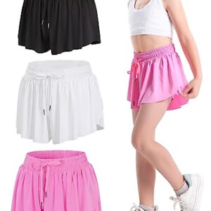 KEREDA 3 Pack Flowy Shorts Girls Butterfly Shorts, Preppy Youth/Kids/Girls Athletic Shorts with Spandex Liner 2-in-1 for Running, Sports, Fitness,Tennis 9-10Y (Black-White-Hot Pink)