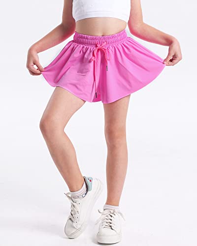 KEREDA 3 Pack Flowy Shorts Girls Butterfly Shorts, Preppy Youth/Kids/Girls Athletic Shorts with Spandex Liner 2-in-1 for Running, Sports, Fitness,Tennis 9-10Y (Black-White-Hot Pink)