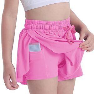 KEREDA 3 Pack Flowy Shorts Girls Butterfly Shorts, Preppy Youth/Kids/Girls Athletic Shorts with Spandex Liner 2-in-1 for Running, Sports, Fitness,Tennis 9-10Y (Black-White-Hot Pink)