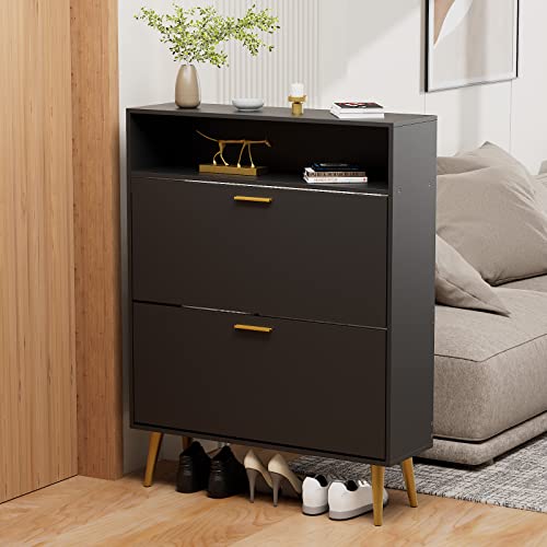 JOZZBY Shoe Cabinet for Entryway, Black Narrow Shoe Cabinet with 2 Flip Drawers Slim Shoe Storage Cabinet Freestanding Shoe Organizer Hidden Show Cabinet for Entryway, Hallway, Living Room