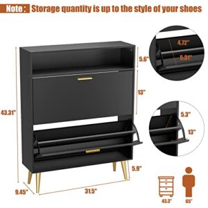 JOZZBY Shoe Cabinet for Entryway, Black Narrow Shoe Cabinet with 2 Flip Drawers Slim Shoe Storage Cabinet Freestanding Shoe Organizer Hidden Show Cabinet for Entryway, Hallway, Living Room