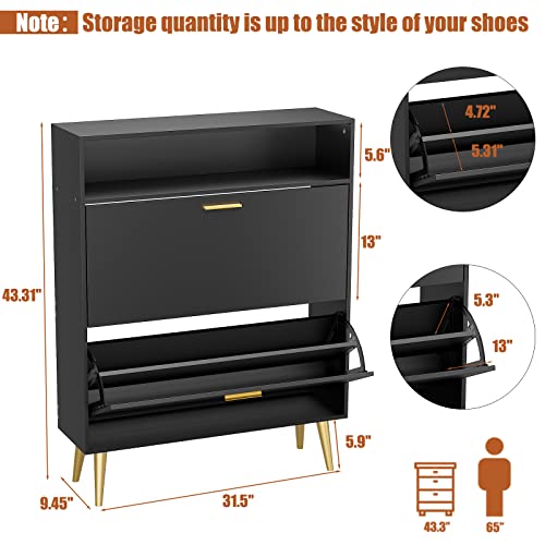 JOZZBY Shoe Cabinet for Entryway, Black Narrow Shoe Cabinet with 2 Flip Drawers Slim Shoe Storage Cabinet Freestanding Shoe Organizer Hidden Show Cabinet for Entryway, Hallway, Living Room