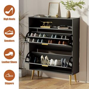 JOZZBY Shoe Cabinet for Entryway, Black Narrow Shoe Cabinet with 2 Flip Drawers Slim Shoe Storage Cabinet Freestanding Shoe Organizer Hidden Show Cabinet for Entryway, Hallway, Living Room