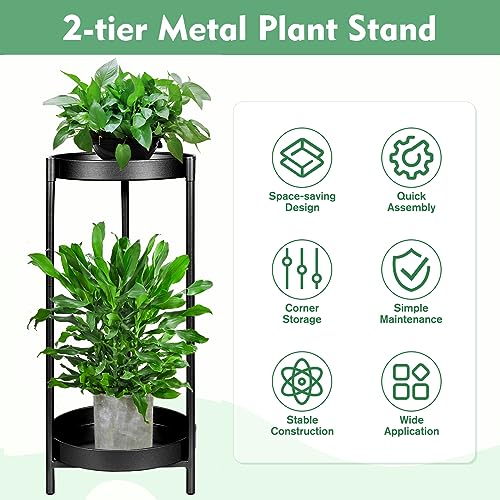 Extra Wide 12"Plant Stand,Extra High 31.5" Tall 2 Tiers Plant Stand, Plant Stand Indoor Outdoor,Metal Heavy Duty Potted Holder Rack,Flower Pot Corner Display Rustproof Iron Shelf for Home Garden Office -Black