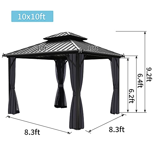 Raysfung 10 X 10ft Hardtop Gazebo, Galvanized Steel Double Roof Gazebo with Nettings and Curtain Outdoor Aluminum Frame Vertical Stripes Roof Permanent for Patio, Backyard, Lawns