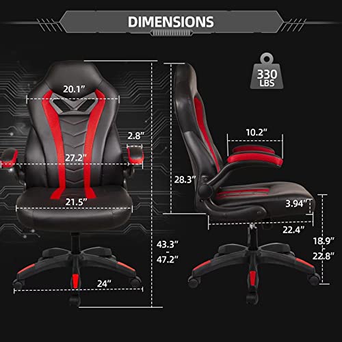 Ollega Video Game Chairs, Black Gamer Chairs for Adults, Computer Gaming Chairs for Teens, Racing Style Ergonomic Office Chair flip-up Arms and Lumbar Support, PU Leather Computer Chair 330 lbs