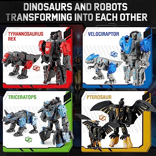 JONEG Transforming Robot Dinosaur Toys - Dinosaur Toys, 4-in-1 STEM Toy Dinosaur Transform to Robot Toys, 11 Shapes Transforming Toys for Kids, Birthday Gifts for Boys Girls Age 5 6 7 8 9 10 Year Old