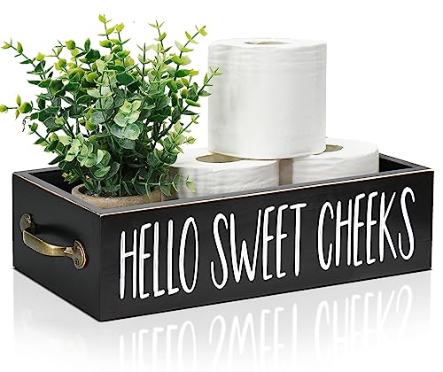 Bathroom Decor Box 2 Sides Funny Toilet Paper Holder Wood Tank Box Over Toilet Paper Storage Basket with Metal Handle Rustic Bathroom Paper Organizer Box with Funny Sign Farmhouse Home Decor Box