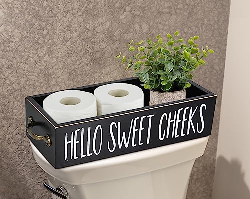 Bathroom Decor Box 2 Sides Funny Toilet Paper Holder Wood Tank Box Over Toilet Paper Storage Basket with Metal Handle Rustic Bathroom Paper Organizer Box with Funny Sign Farmhouse Home Decor Box