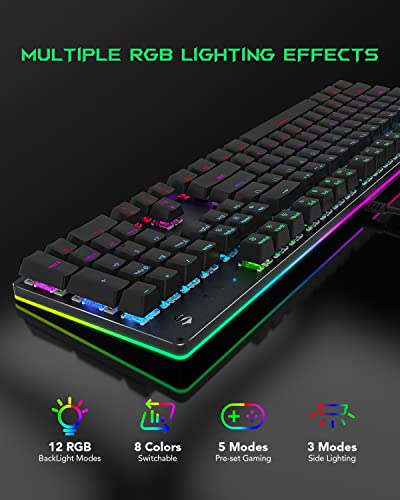 Black Shark Mechanical Gaming Keyboard Full 104-Keys All Metal Panel, LED RGB Backlit USB Wired Keyboard with Green Switch, Quiet Click Sound Mechanical Keyboard for Windows,Desktop,Computer,PC