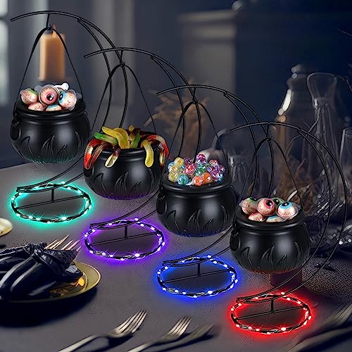 Dandat 4 Sets Halloween Light up Witches Cauldron Candy Bucket Witches Cauldron Serving Bowls on Rack Black Plastic Candy Bucket Cauldron with String Lights for Indoor Outdoor Home Kitchen Decoration