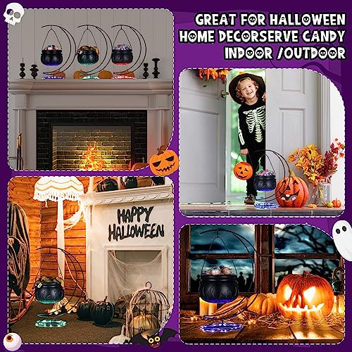 Dandat 4 Sets Halloween Light up Witches Cauldron Candy Bucket Witches Cauldron Serving Bowls on Rack Black Plastic Candy Bucket Cauldron with String Lights for Indoor Outdoor Home Kitchen Decoration