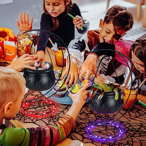 Dandat 4 Sets Halloween Light up Witches Cauldron Candy Bucket Witches Cauldron Serving Bowls on Rack Black Plastic Candy Bucket Cauldron with String Lights for Indoor Outdoor Home Kitchen Decoration