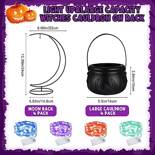 Dandat 4 Sets Halloween Light up Witches Cauldron Candy Bucket Witches Cauldron Serving Bowls on Rack Black Plastic Candy Bucket Cauldron with String Lights for Indoor Outdoor Home Kitchen Decoration