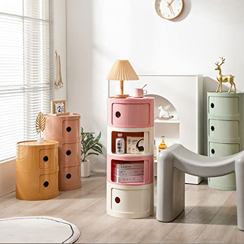 Round Bedside Table 2/3/4 Tier Plastic Nightstand Storage Unit Chest W/Drawers & Sliding Door Nordic Modern Bedside Cabinet for Bedroom