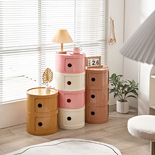 Round Bedside Table 2/3/4 Tier Plastic Nightstand Storage Unit Chest W/Drawers & Sliding Door Nordic Modern Bedside Cabinet for Bedroom