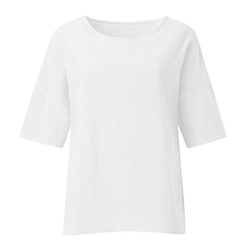 Hfnxid Cotton Linen Tops for Women Loose Fit Oversized Half Sleeve Crewneck Blouses Summer Casual Tunic Tops Linen Shirts, Plus Size Linen Tops for Women,Workout Tops for Women White 4x