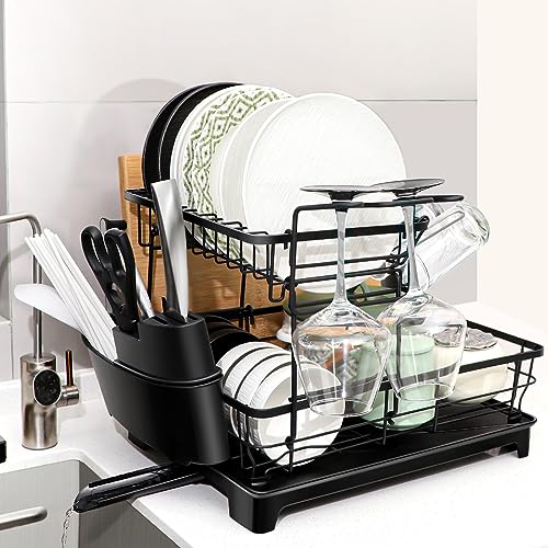 KesaPlan Dish Drying Rack with Drainboard, 2-Tier Saving Dish Racks for Kitchen Counter, Stainless Steel Large Dish Strainer for Sink with Utensil Holder,Wine Glass,Cup Holder,Cutting-Board Holder