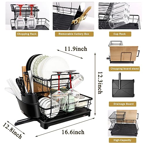 KesaPlan Dish Drying Rack with Drainboard, 2-Tier Saving Dish Racks for Kitchen Counter, Stainless Steel Large Dish Strainer for Sink with Utensil Holder,Wine Glass,Cup Holder,Cutting-Board Holder