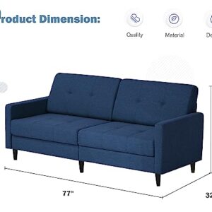 Lesofair 77” Linen Fabric Sofa Bed with Adjustable Backrests, Convertible Loveseat Sofa, Modern Sleeper Couch with Wooden Legs for Living Room, Bedroom, Blue