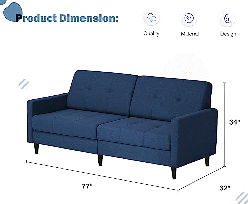 Lesofair 77” Linen Fabric Sofa Bed with Adjustable Backrests, Convertible Loveseat Sofa, Modern Sleeper Couch with Wooden Legs for Living Room, Bedroom, Blue