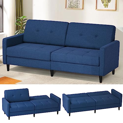 Lesofair 77” Linen Fabric Sofa Bed with Adjustable Backrests, Convertible Loveseat Sofa, Modern Sleeper Couch with Wooden Legs for Living Room, Bedroom, Blue