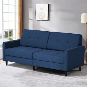 Lesofair 77” Linen Fabric Sofa Bed with Adjustable Backrests, Convertible Loveseat Sofa, Modern Sleeper Couch with Wooden Legs for Living Room, Bedroom, Blue