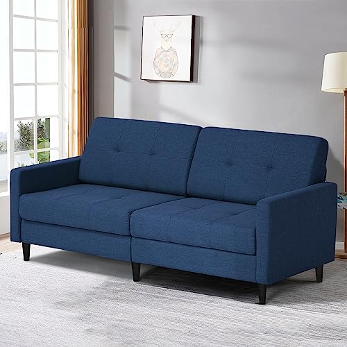 Lesofair 77” Linen Fabric Sofa Bed with Adjustable Backrests, Convertible Loveseat Sofa, Modern Sleeper Couch with Wooden Legs for Living Room, Bedroom, Blue