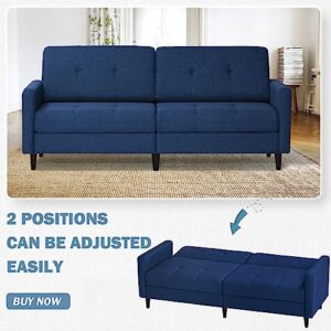 Lesofair 77” Linen Fabric Sofa Bed with Adjustable Backrests, Convertible Loveseat Sofa, Modern Sleeper Couch with Wooden Legs for Living Room, Bedroom, Blue