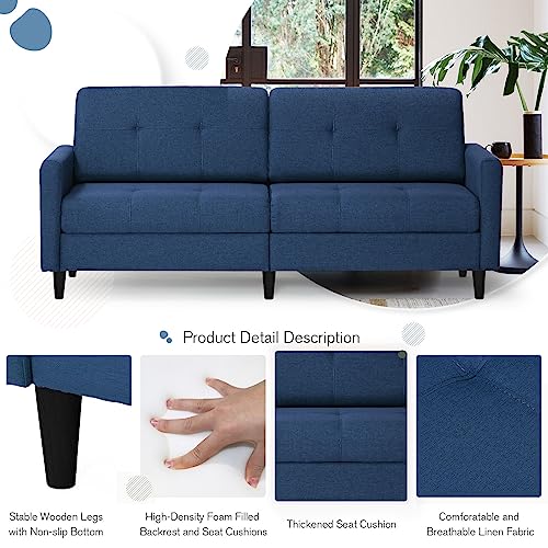 Lesofair 77” Linen Fabric Sofa Bed with Adjustable Backrests, Convertible Loveseat Sofa, Modern Sleeper Couch with Wooden Legs for Living Room, Bedroom, Blue