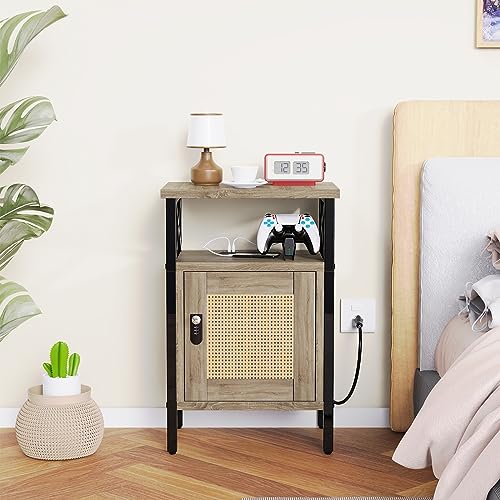 runjuly Rattan Nightstand with Lock, End Table with Charging Station, Side Table with Rattan Door and Open Shelf, Wooden Farmhouse Bedside Table for Bedroom, Living Room, Dorm