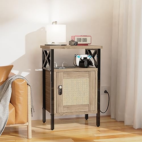 runjuly Rattan Nightstand with Lock, End Table with Charging Station, Side Table with Rattan Door and Open Shelf, Wooden Farmhouse Bedside Table for Bedroom, Living Room, Dorm