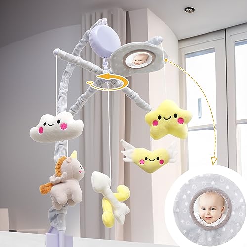 SHIDEER Baby Mobile for Crib, Baby Crib Mobile with Mirror, Nursery Mobiles with 3 Modes Musical Box, Volume & Songs Control,36 Lullabies,Hanging Rotating Crib Toys for Boys Girls (Cute Heart Theme)