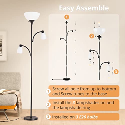 LEDIARY 72" Floor Lamp, Modern Torchiere Floor Lamp with 2 Adjustable Reading Lamp, 8W 3000K 750LM (3 Bulbs Included) Standing Lamp, Black Floor Lamps for Living Room, Bedroom, Office