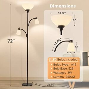 LEDIARY 72" Floor Lamp, Modern Torchiere Floor Lamp with 2 Adjustable Reading Lamp, 8W 3000K 750LM (3 Bulbs Included) Standing Lamp, Black Floor Lamps for Living Room, Bedroom, Office