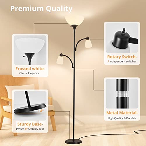 LEDIARY 72" Floor Lamp, Modern Torchiere Floor Lamp with 2 Adjustable Reading Lamp, 8W 3000K 750LM (3 Bulbs Included) Standing Lamp, Black Floor Lamps for Living Room, Bedroom, Office