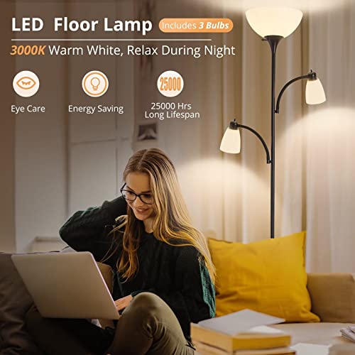 LEDIARY 72" Floor Lamp, Modern Torchiere Floor Lamp with 2 Adjustable Reading Lamp, 8W 3000K 750LM (3 Bulbs Included) Standing Lamp, Black Floor Lamps for Living Room, Bedroom, Office