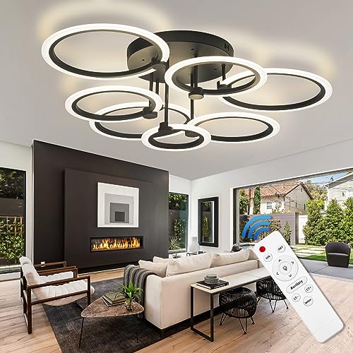 SEABLE Modern LED Ceiling Light 7 Rings Dimmable Ceiling Light Fixtures with Remote Black Close to Ceiling Light 31.8" 130W 3000K-6500K Flush Mount Ceiling Lamp for Living Room,Bedroom,Kitchen