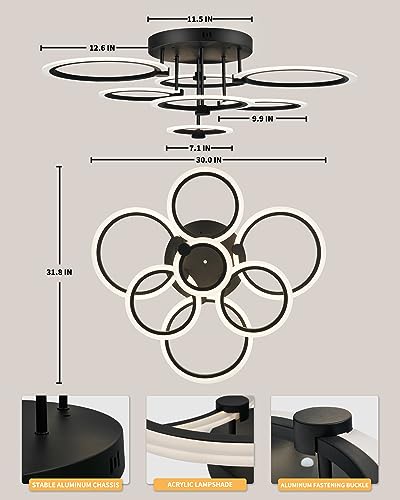 SEABLE Modern LED Ceiling Light 7 Rings Dimmable Ceiling Light Fixtures with Remote Black Close to Ceiling Light 31.8" 130W 3000K-6500K Flush Mount Ceiling Lamp for Living Room,Bedroom,Kitchen