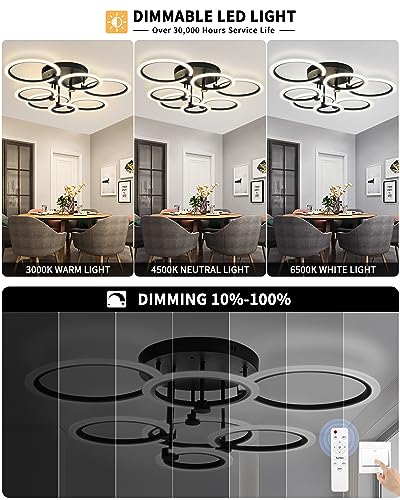 SEABLE Modern LED Ceiling Light 7 Rings Dimmable Ceiling Light Fixtures with Remote Black Close to Ceiling Light 31.8" 130W 3000K-6500K Flush Mount Ceiling Lamp for Living Room,Bedroom,Kitchen