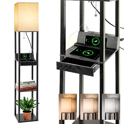 Dott Arts 【Upgraded】 Floor Lamp with Shelves,Shelf Floor Lamps for Living Room with Wireless Charger