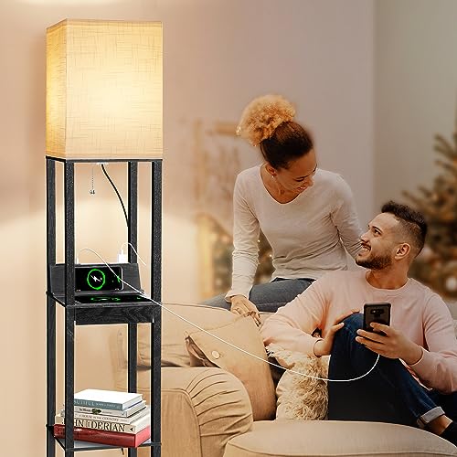 Dott Arts 【Upgraded】 Floor Lamp with Shelves,Shelf Floor Lamps for Living Room with Wireless Charger