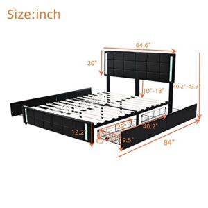 Anwickhomk Queen Size Upholstered Platform Bed Luxurious Bed Frame with LED Light 4 Drawers and 2 USB Charging Ports Adjustable Leather Headboard Storage Furniture for Kids Teen Adult Bedroom (Black)