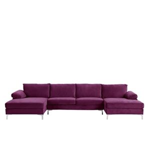 divano roma furniture modern large velvet fabric u-shape sectional sofa, double extra wide chaise lounge couch, purple