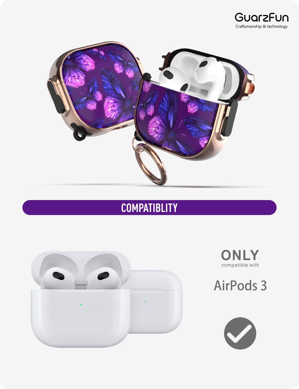 GuarzFun for AirPod 3 case with Lock, AirPods 3rd case for Women Men, Flower Hard case with Keychain (Purple Butterfly)