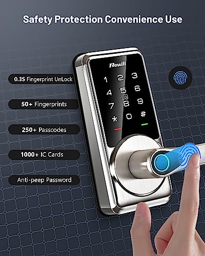 Smart Door Lock for Front Door, Zowill 7-in-1 Fingerprint Deadbolt with App Control, Keyless Entry Door Lock with Handle, Biometric, Auto Lock, Easy Installation, for Home, Office and Airbnb