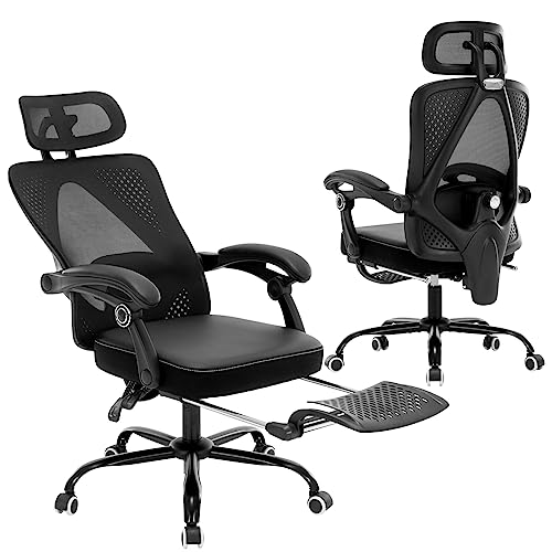 Ergonomic Office Chair, Reclining High Back Mesh Chair with Lumbar Support PU Leather Home Task Desk Chair with Headrest and Footrest Computer Executive Desk Chair with Padded Armrests,Black