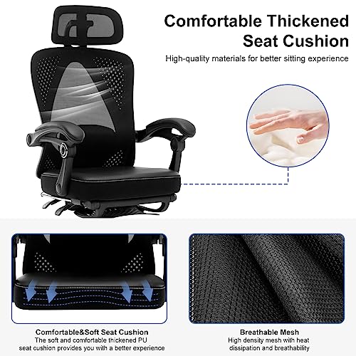 Ergonomic Office Chair, Reclining High Back Mesh Chair with Lumbar Support PU Leather Home Task Desk Chair with Headrest and Footrest Computer Executive Desk Chair with Padded Armrests,Black